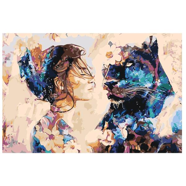 "Set de pictura pe numere 40x60 cm, Femeie cu o pantera - Panza pe rama de lemn RO226 ...